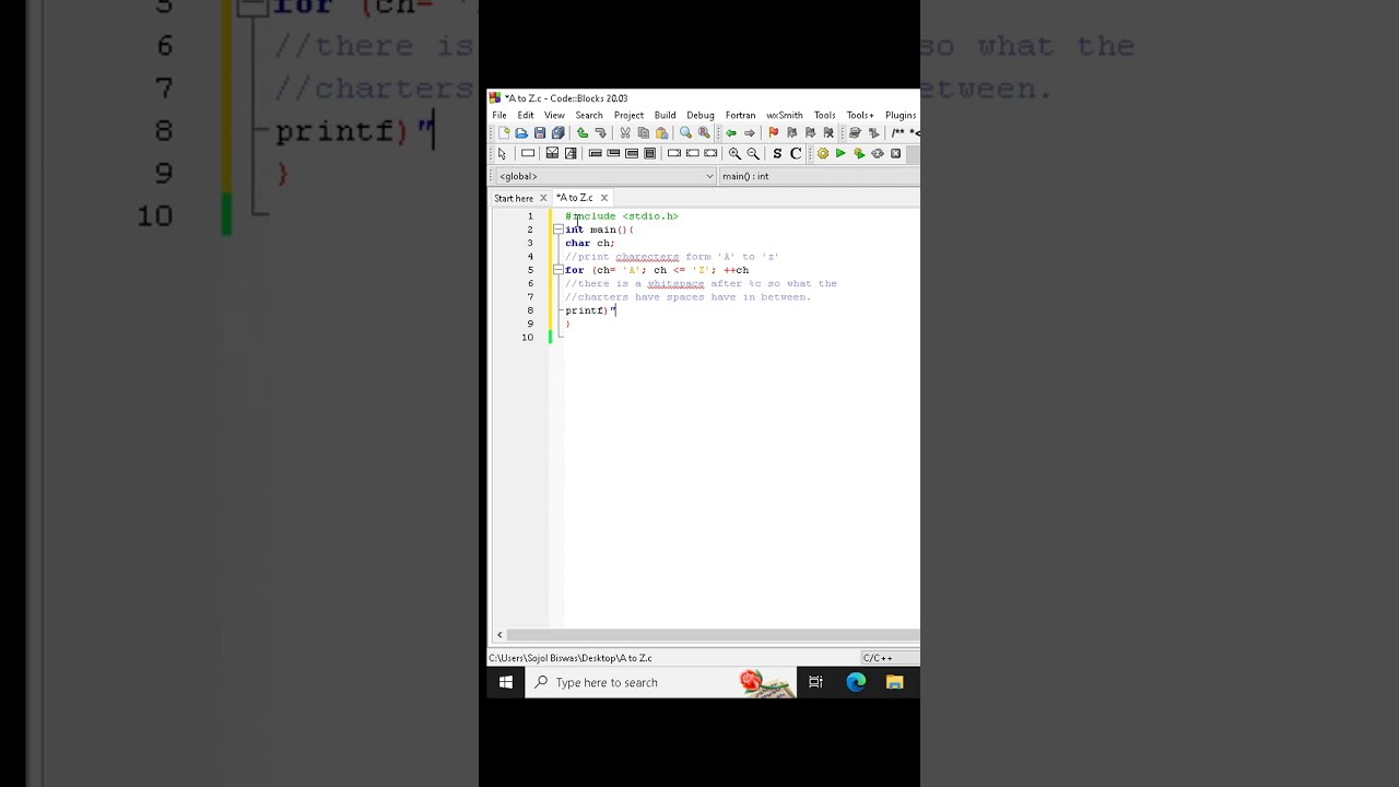 C Program To Display Characters From A To Z Code Blocks YouTube C Program To Display Characters From A To Z Code Blocks YouTube