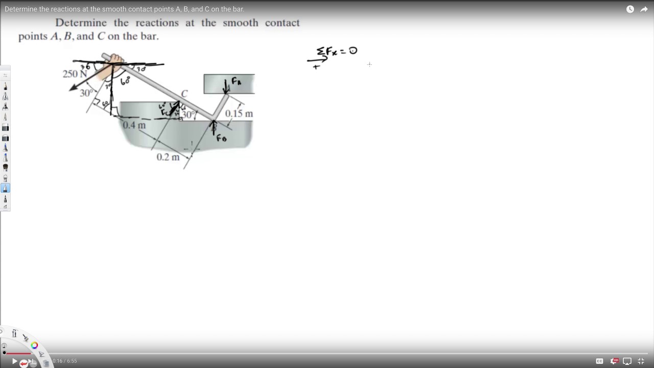 Determine the reactions at the smooth contact points A, B, and C on the ...