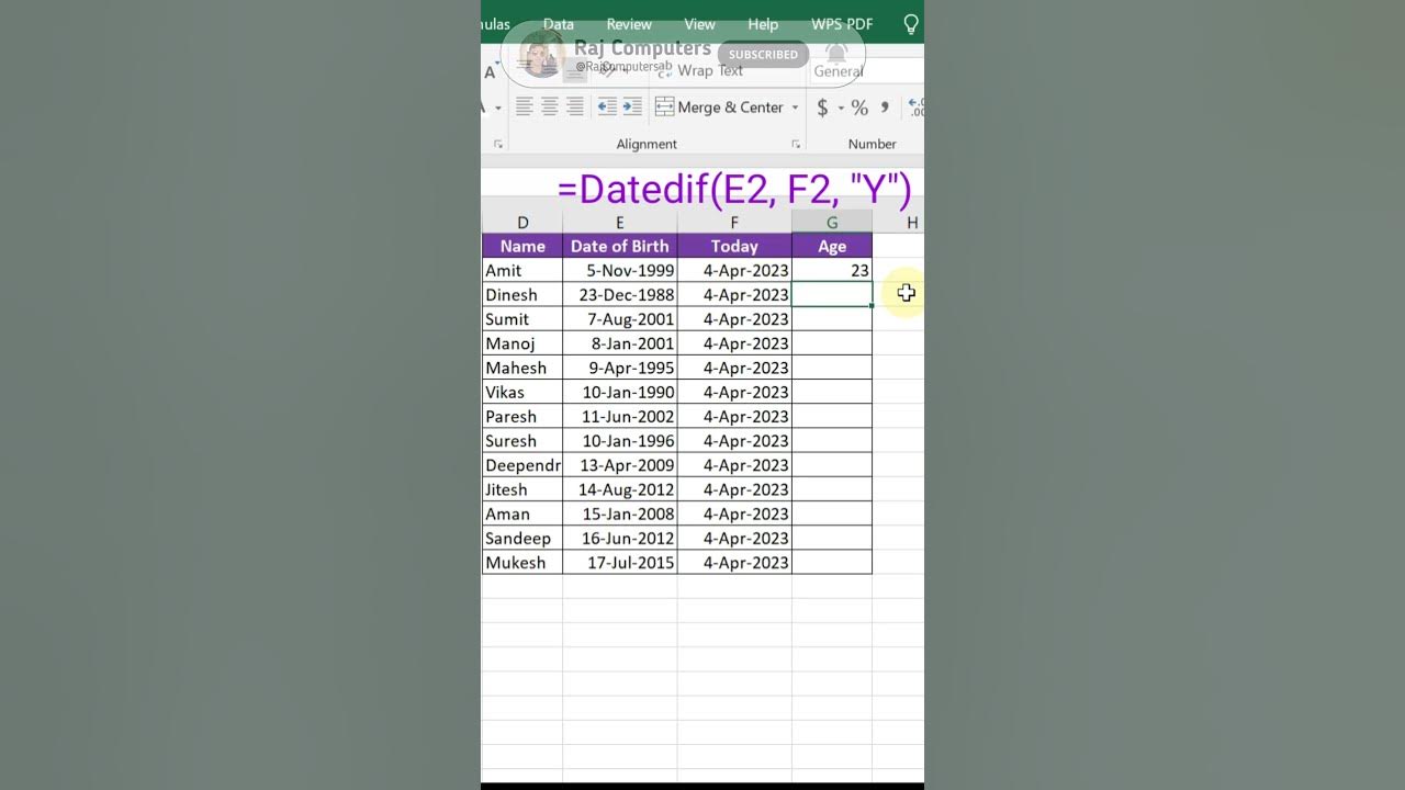 Age Calculator In Excel Raj Computers Raj Sir Shorts Agecalculator Agecalculation