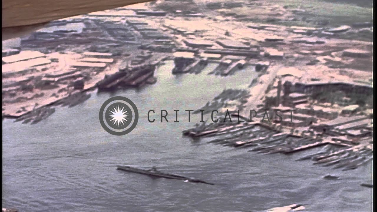 Aerial view of the naval base, harbor installations and the submarines ...