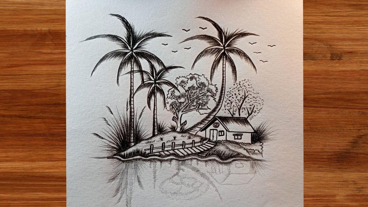 How to draw beautiful riverview water land scenery by pencil sketch ...