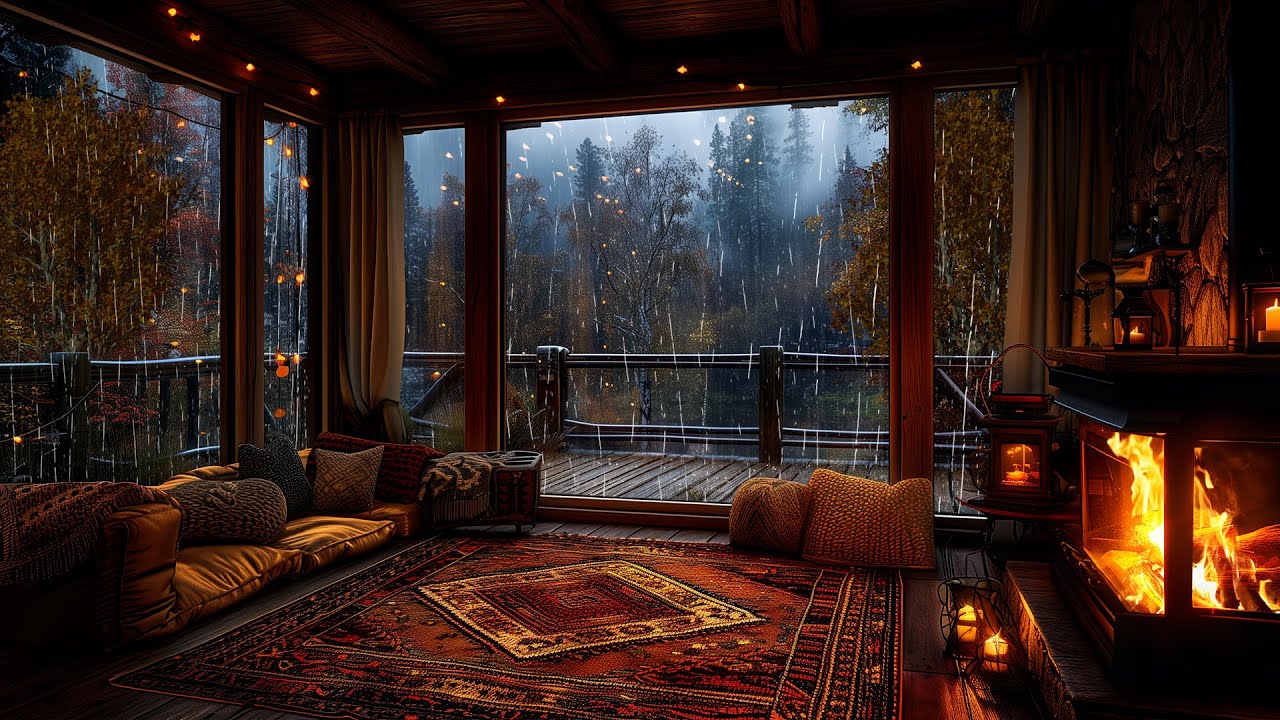 Cozy Cabin Ambience - Rain and Fireplace Sounds at Autumn Night for ...