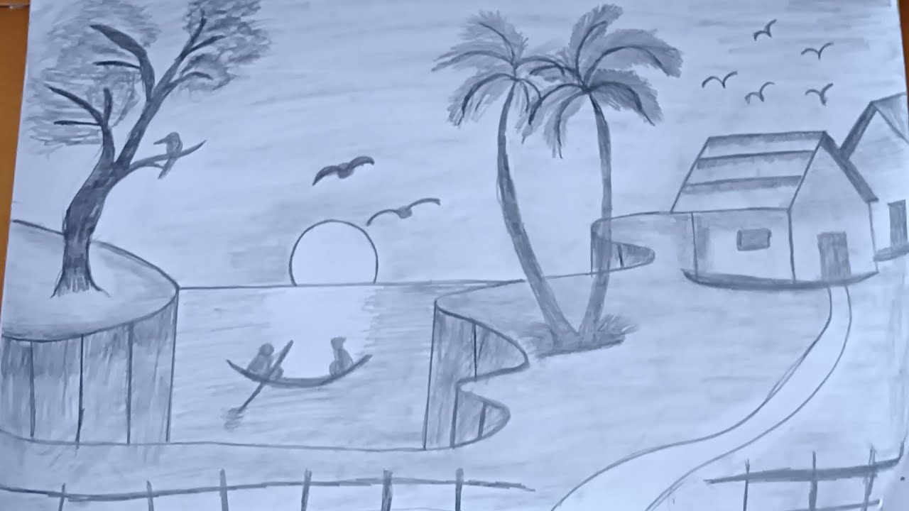 Natural Drawing with Pencil Sketch, Pencil Drawing, Natural sunset ...