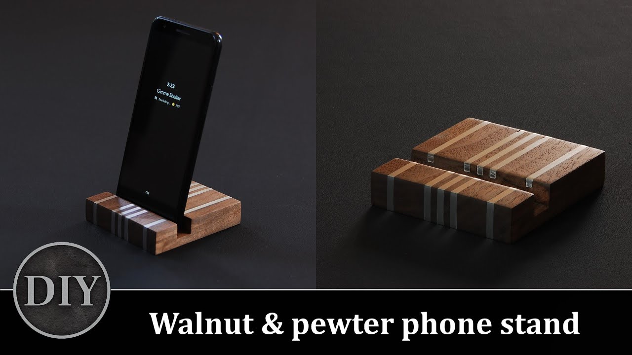 Simple cell phone stand from walnut with pewter inlay - YouTube