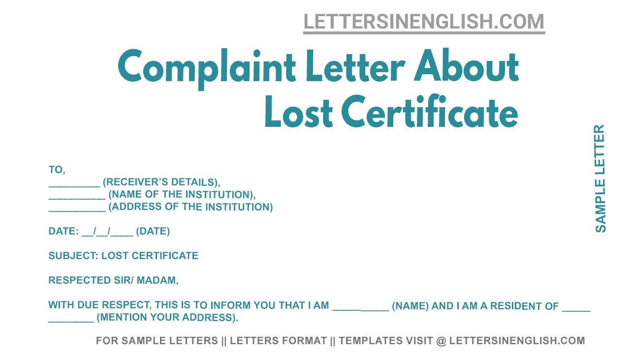 Complaint Letter About Lost Certificate - Sample Letter Complaining ...