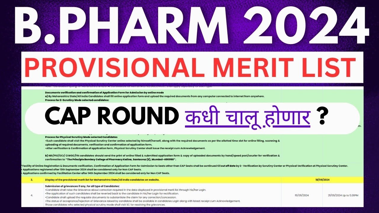 B.Pharm Provisional Merit List 2024, B.Pharm Cap Round 1 Process Dates ...