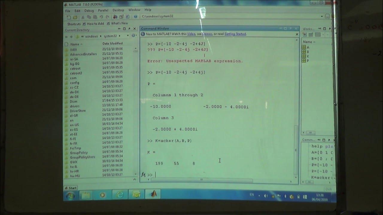 Pole Placement using Matlab (with "place" and "acker" commands), 6/4/2016 - YouTube