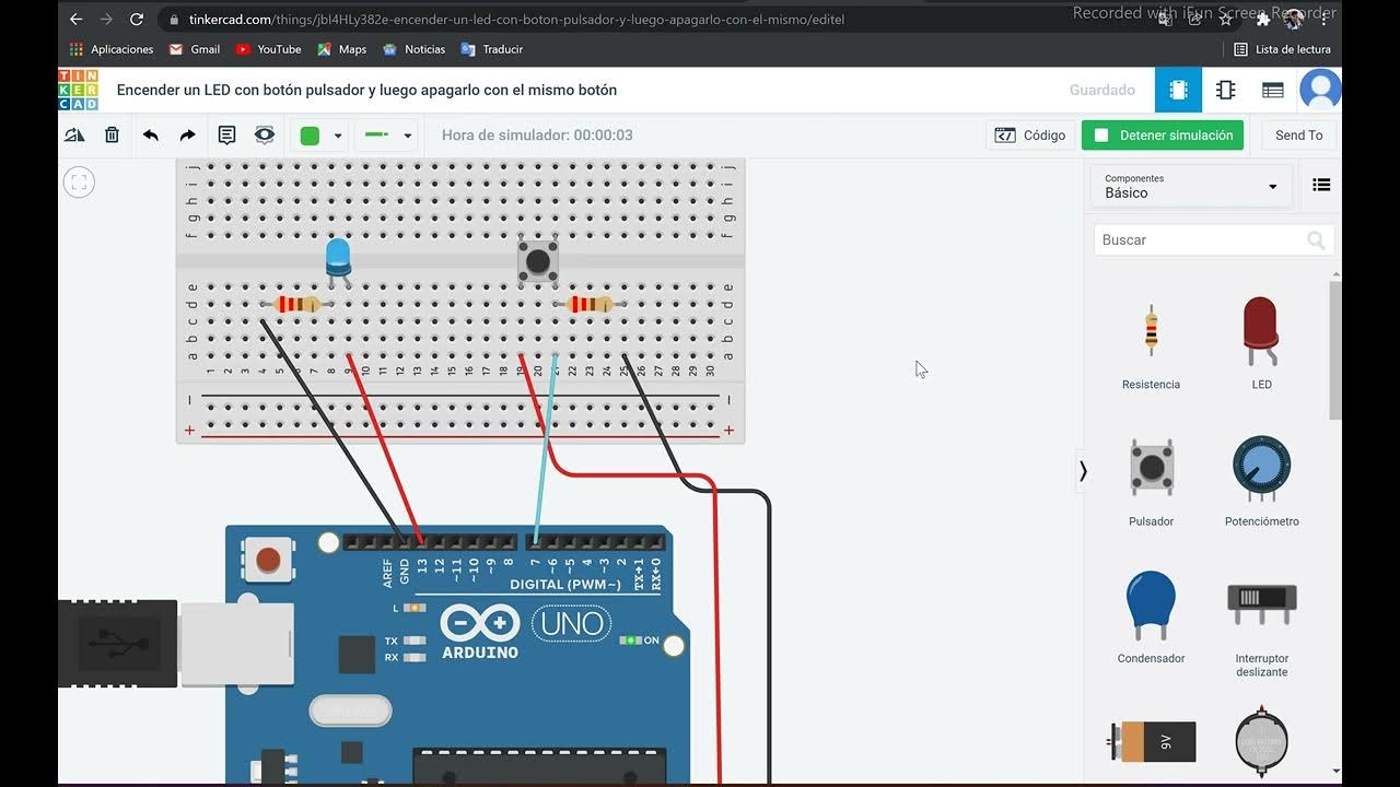 Tinkercad Encender un LED con botón pulsador y luego apagarlo con el mismo botón - YouTube