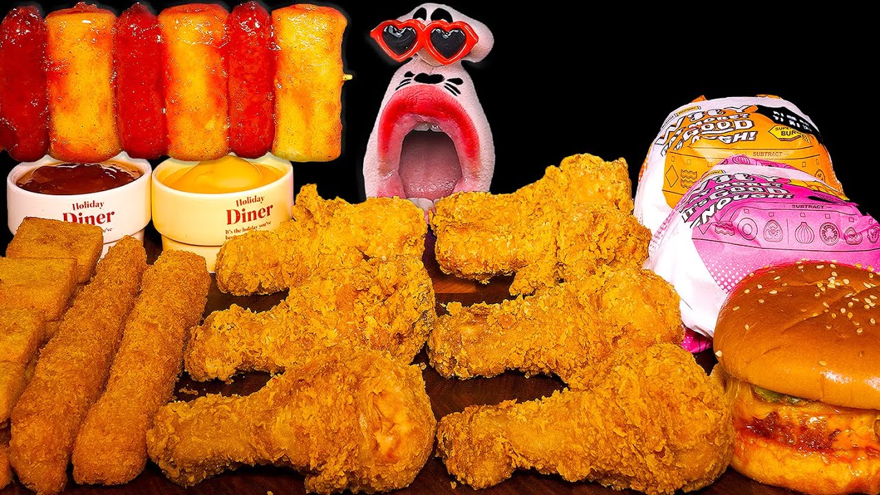 Delicious Burgers, Fried Chicken, Jumbo Shrimp Sticks! ASMR Mukbang ...