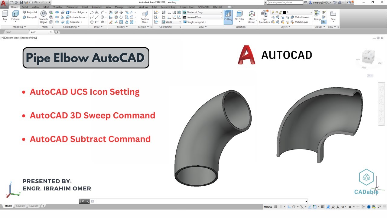 Pipe Elbow AutoCAD | 3D Sweep Command AutoCAD | Subtract Command AutoCAD | Move UCS Icon to ...