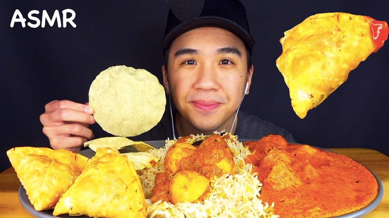 ASMR INDIAN FOOD BUTTER CHICKEN, SAMOSA, EGG MASALA MUKBANG (No Talking ...