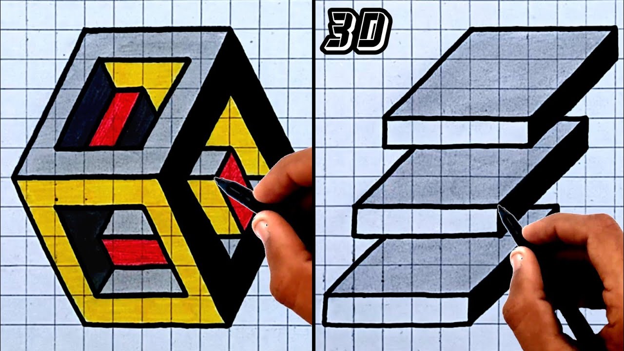 2 Easy 3D Drawings on Graph Paper | 3D Drawing for Beginners | 3D Cube ...