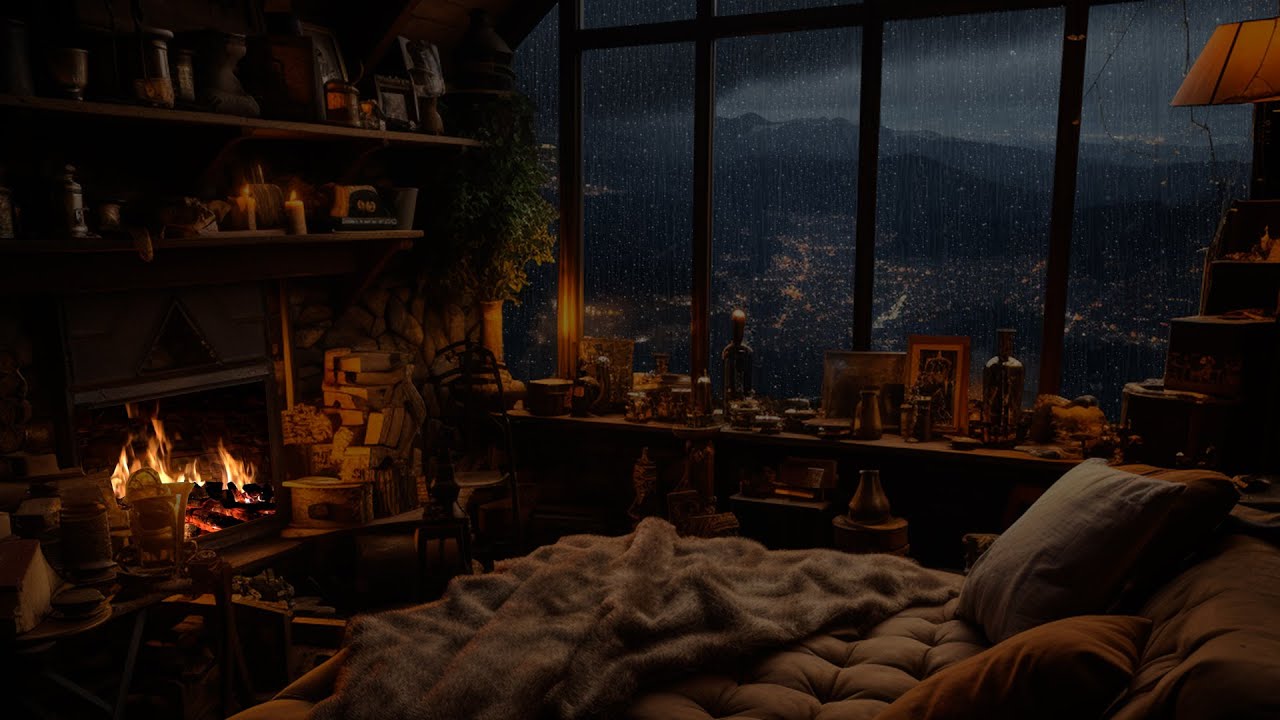 Cozy Bedroom with Heavy Rainfall 🌧️ Rainstorms on windows & Fireplace ...