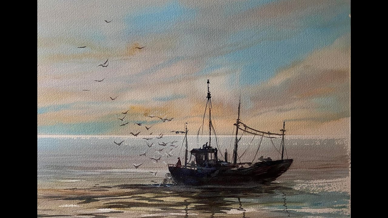 Simple Watercolour Seascape Fishing Boat at Sunset, Beginners ...