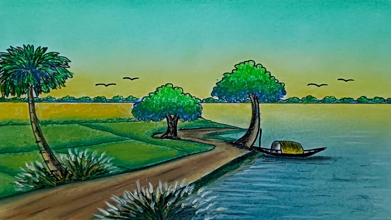 how to draw riverside village scenery step by step easy for beginners ...