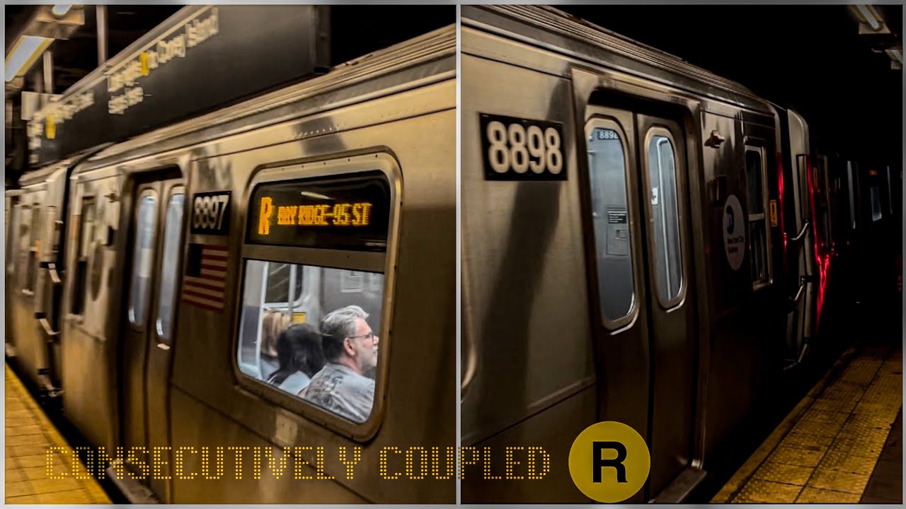 Consecutively-coupled R160B Siemens on the R train at DeKalb Avenue ...