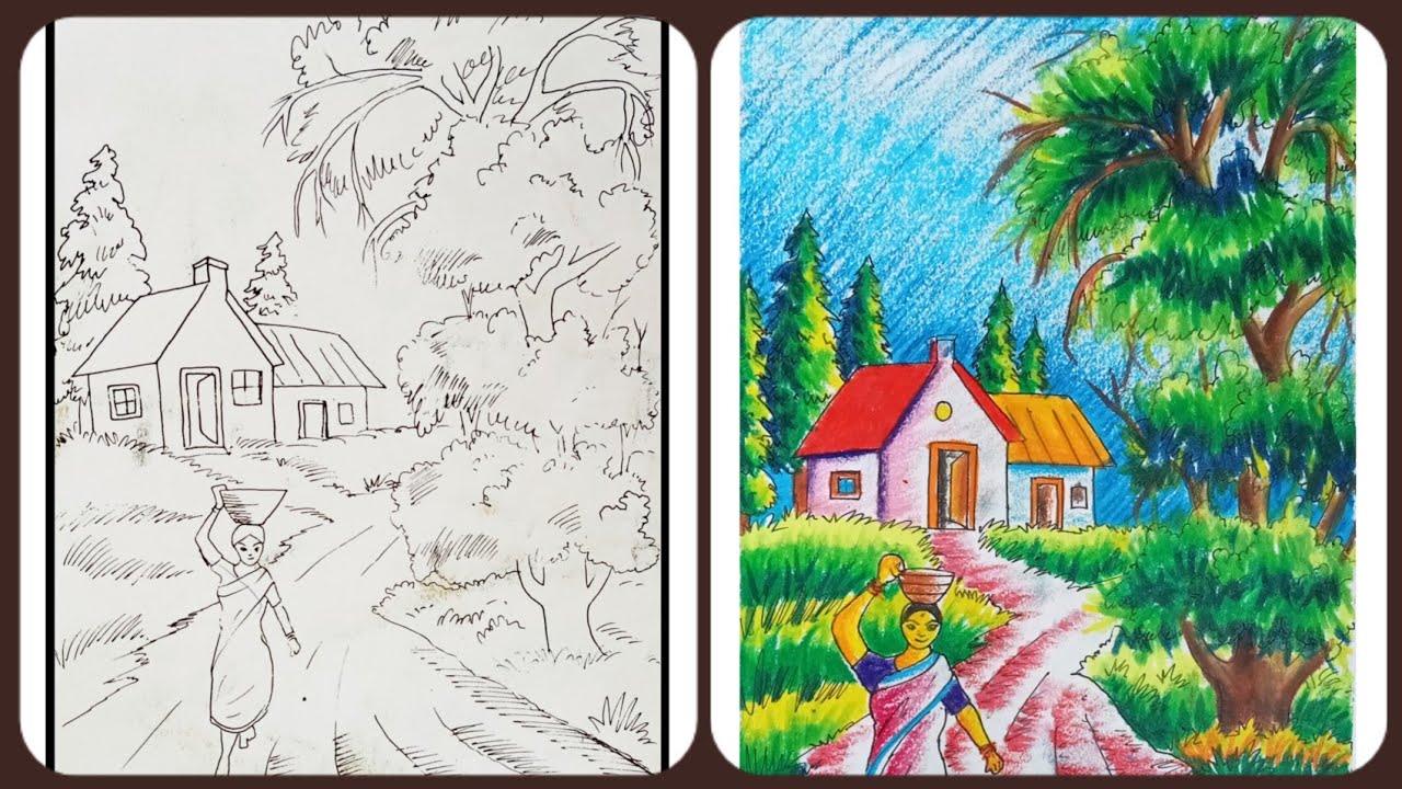 How to Draw a Village Scenary Step by Step || Village Women Scenery ...
