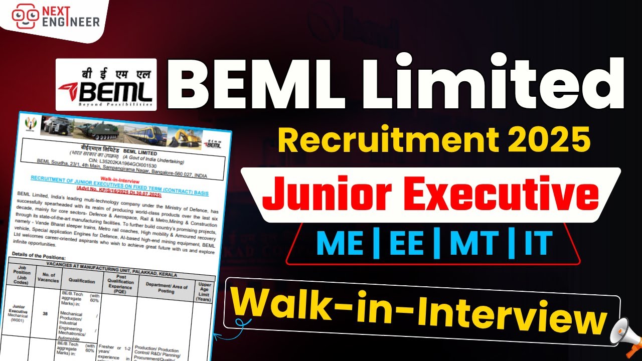 BEML Junior Executive Recruitment 2025 | BEML Vacancy 2025 for ...