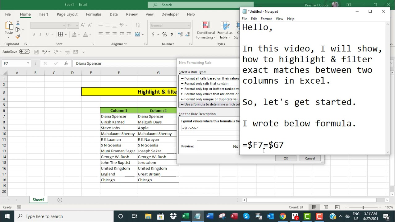 Excel Highlight Filter Exact Matches Between Two Columns YouTube Excel Highlight Filter Exact Matches Between Two Columns YouTube
