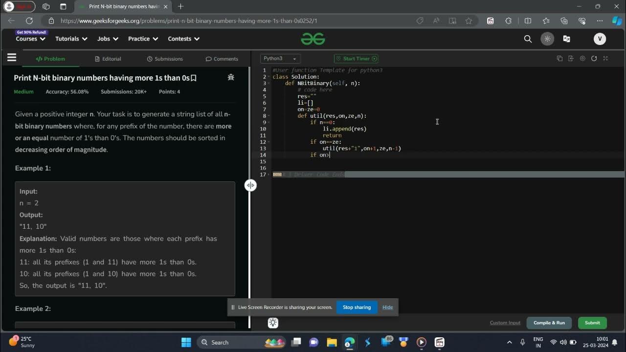 Print N-bit binary numbers having more 1s than 0s GFG POTD Python Solution - YouTube