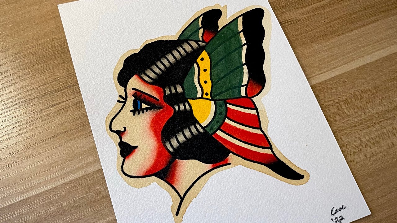 SPIT SHADE Tattoo Flash | TRADITIONAL Lady Head Tattoo Flash | - YouTube