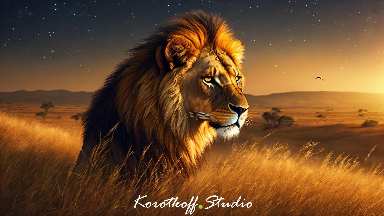Beautiful Lion in the golden grass of savanna / AI SD / 4K / Korotkoff ...