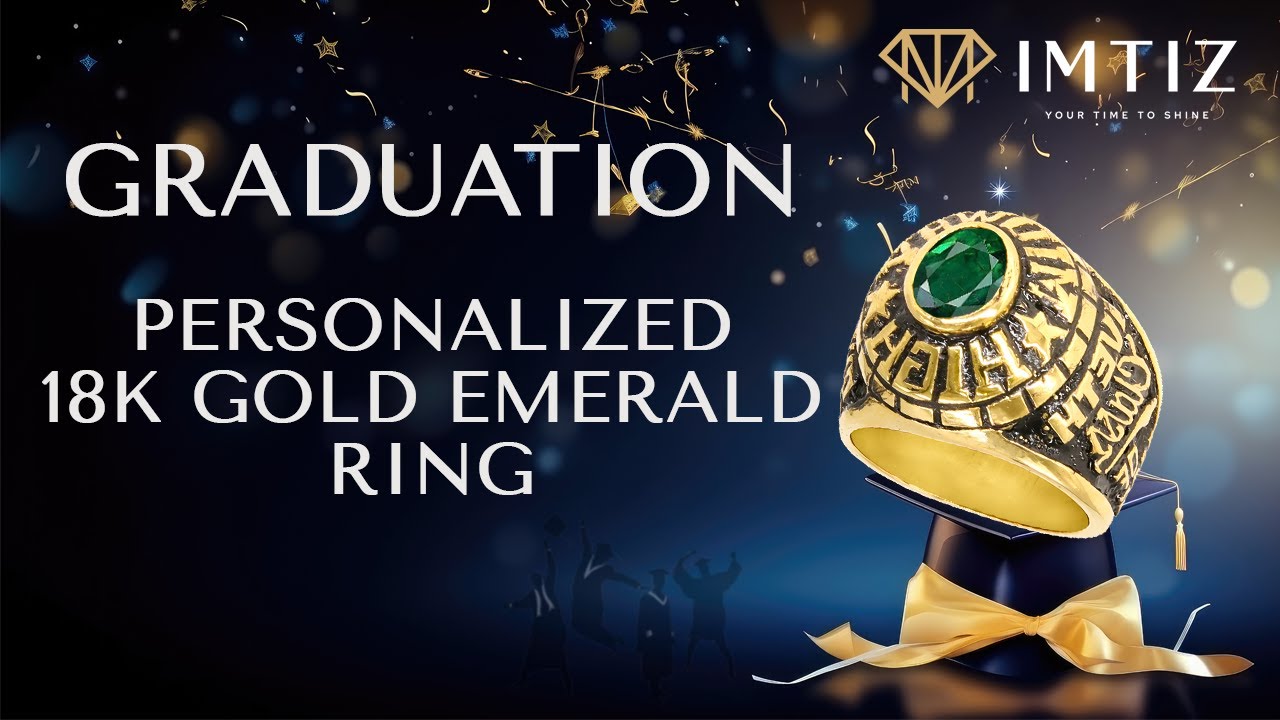 Personalized 18K Gold Emerald Graduation Ring with Engraved Message ...