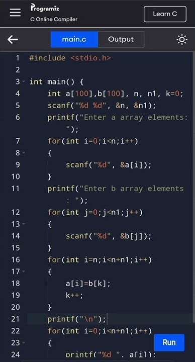 concatenation of two arrays in c - YouTube