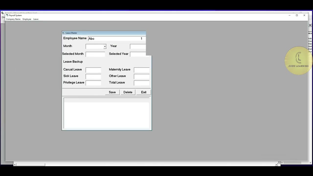 Visual basic 6.0 | Payroll Project 'frmLeaveMaster - load employee name ...