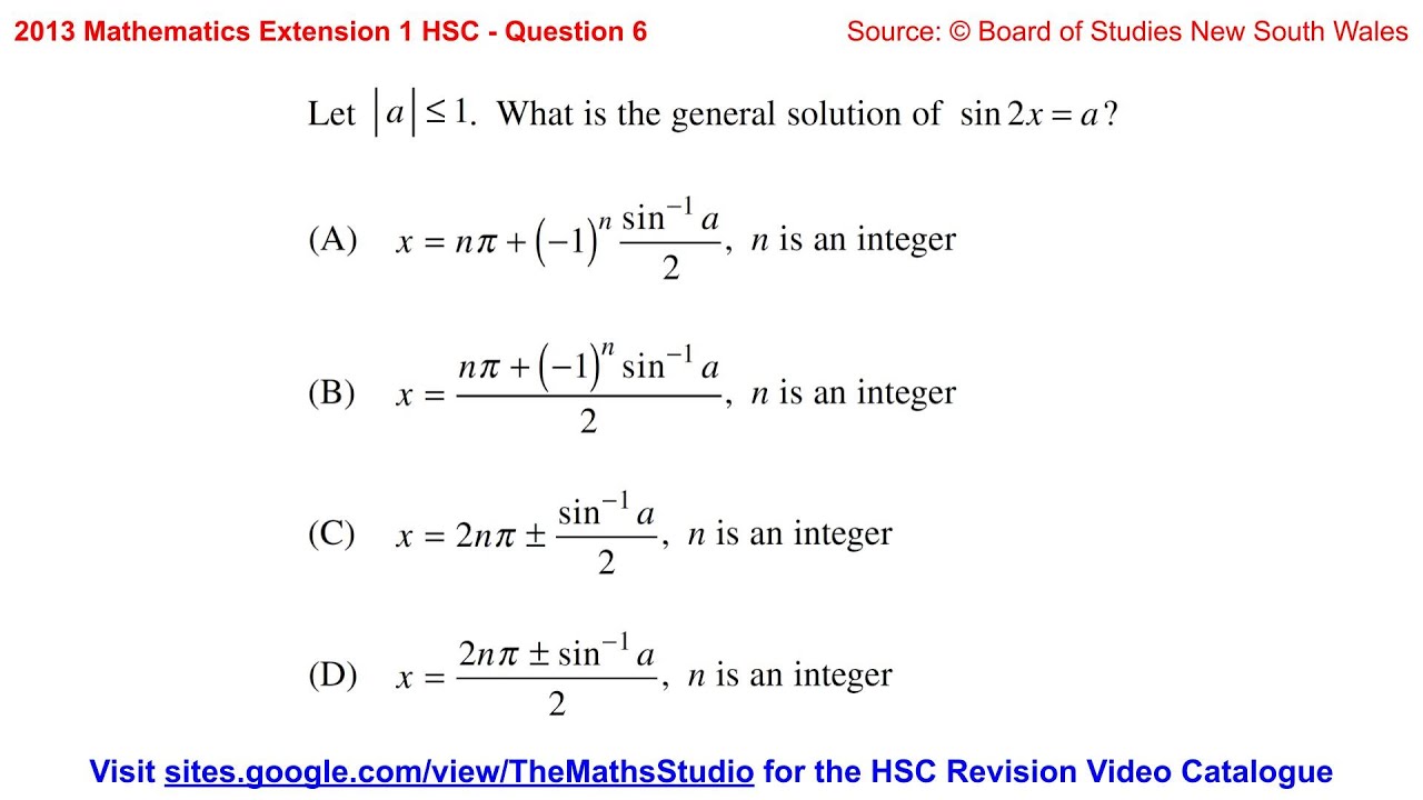 2013 Maths Extension 1 HSC Q6 Find general solution of trigonometric ...
