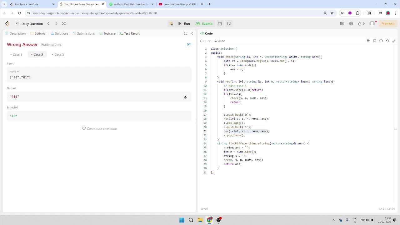 Leetcode Live Attempt -1980. Find Unique Binary String (1980) - YouTube