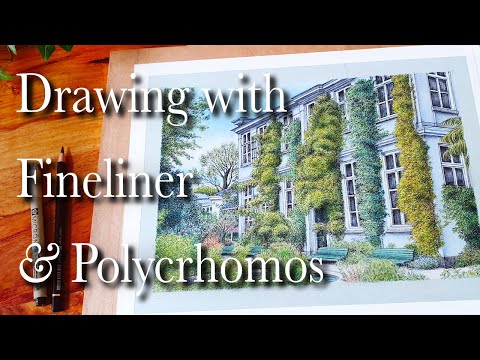 ART VLOG - Fineliner & Polychromos speed drawing of ivy-covered building in botanical gardens