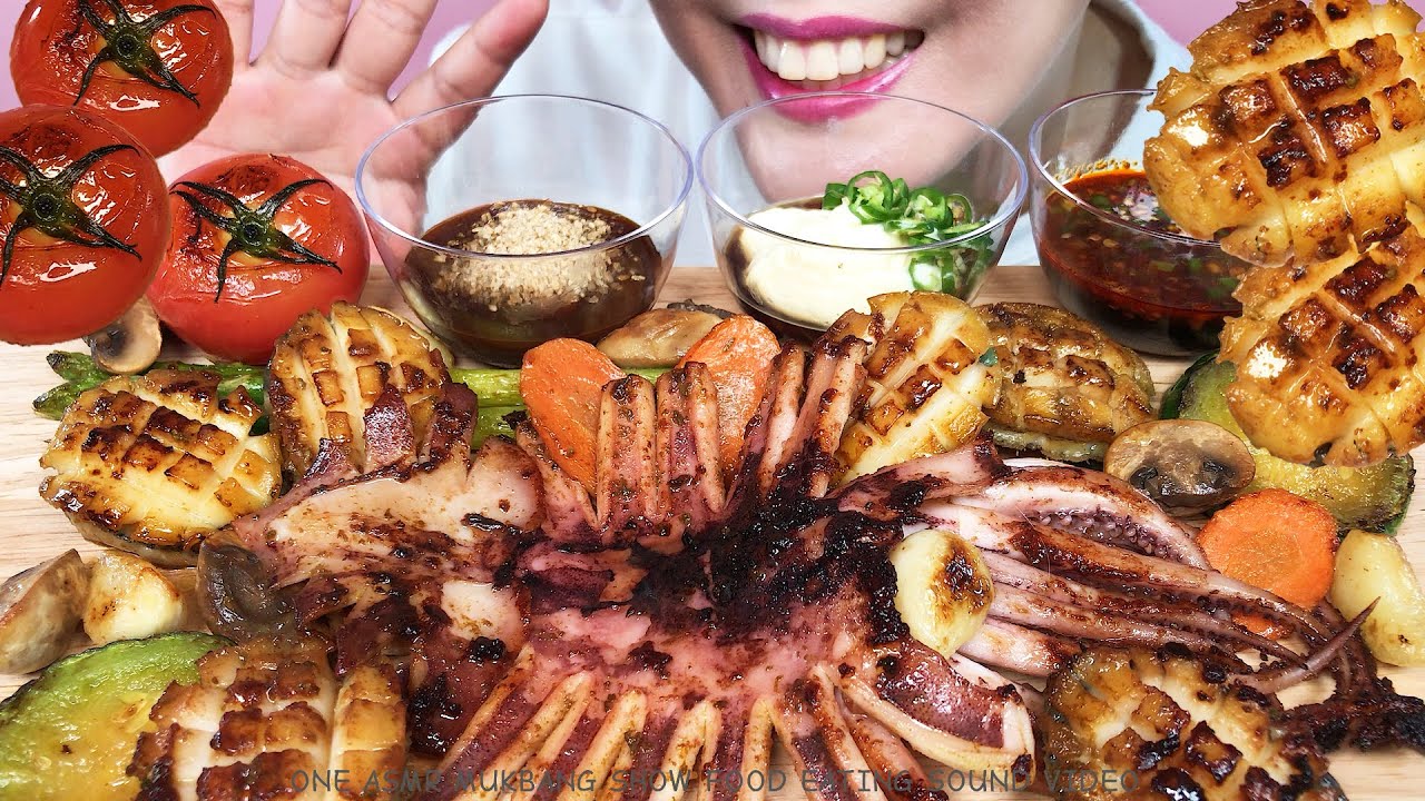 ASMR MUKBANG seafood abalone squid Grilled butter asparagus vegetable ...