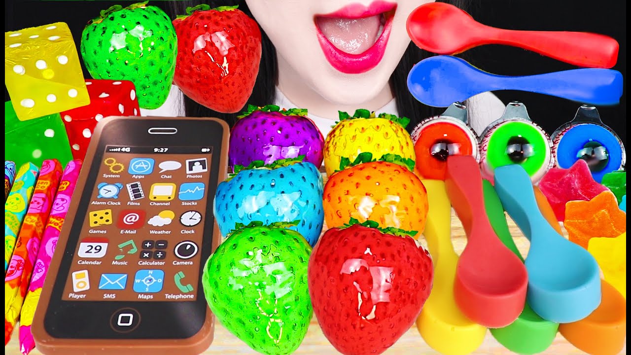 ASMR RAINBOW DESSERTS *EDIBLE SPOON, iPhone, TANGHULU, KOHAKUTO 레인보우 디저트 MUKBANG 먹방 - YouTube