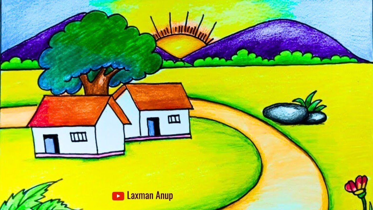 Easy colour pencil drawing for kids, Very easy village picture drawing ...