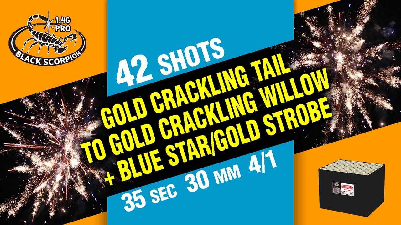 CLA14008 GOLD CRACKLING TAIL TO GOLD CRACKLING WILLOW+BLUE STAR/GOLD STROBE 42 SHOTS 1.4G PRO ...