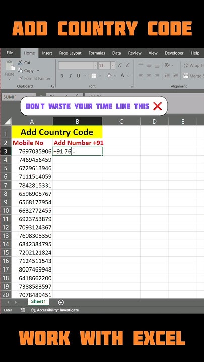 Add Country Code in Excel #shorts #short #excel #countrycode #exceltutorial #exceltips - YouTube
