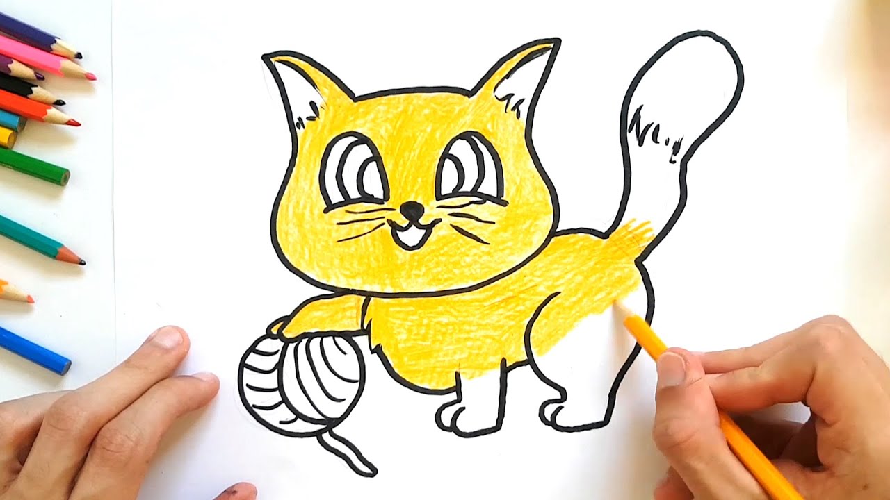 How to draw a cat with a ball of yarn | Easy and simple art for kids ...