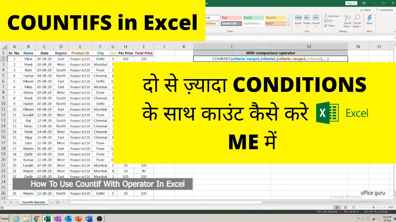 How To Use Countifs Function In Excel Conditional Counting In Excel Explained In Hindi Youtube