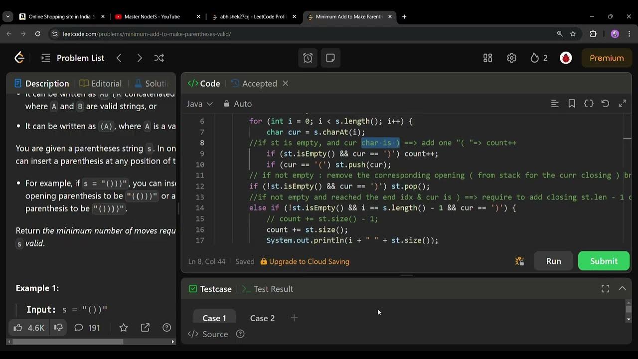 Minimum Add to Make Parentheses Valid @Leetcode | Solution | Java - YouTube