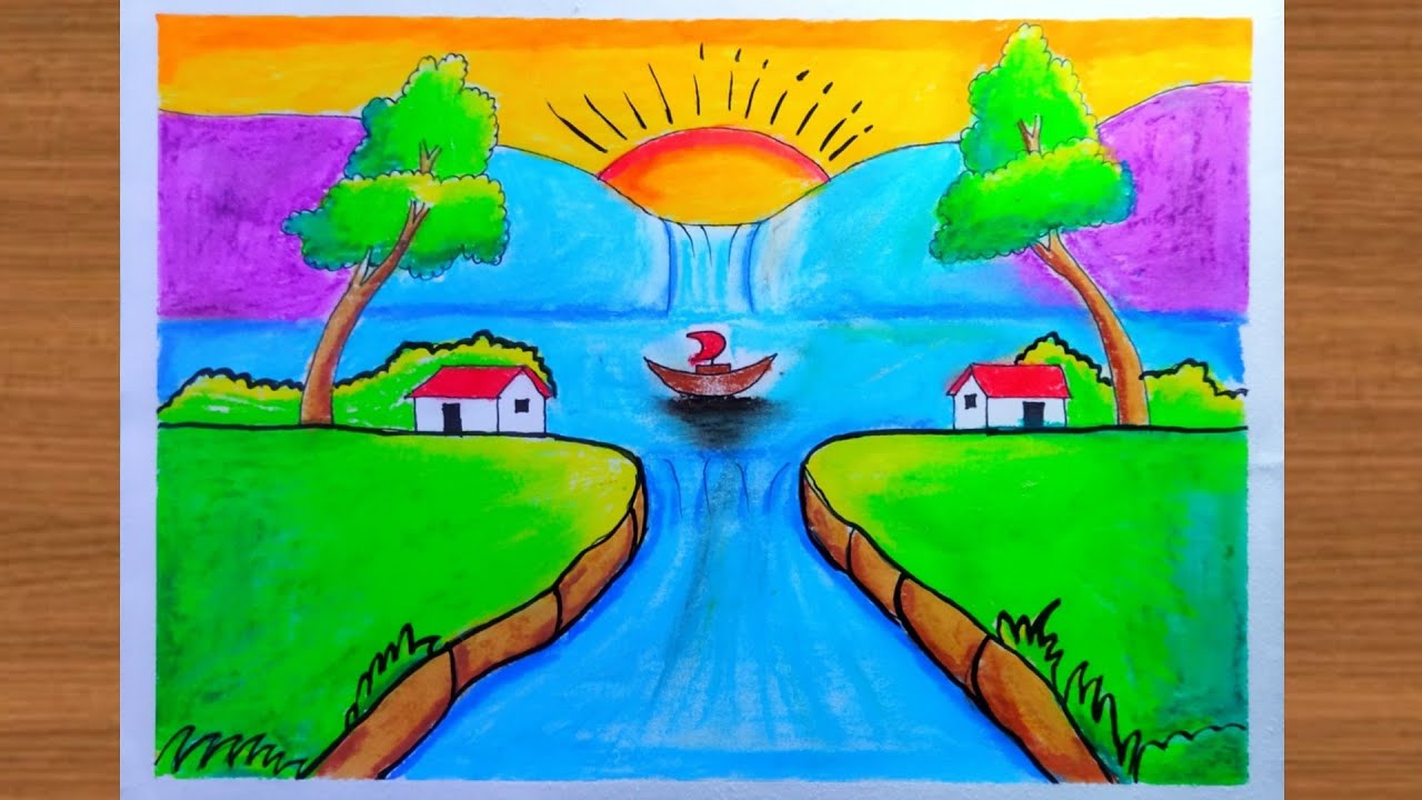 How to Draw Easy scenery ||Drawing sun scenery step by step with oil ...