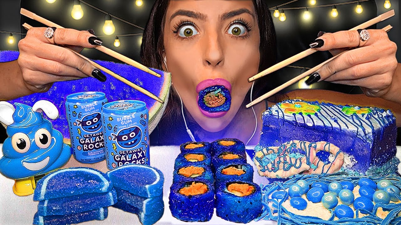 ASMR *BLUE FOOD* TIE-DYE SUSHI, GALAXY ROCKS, WATERMELON JELLY ...