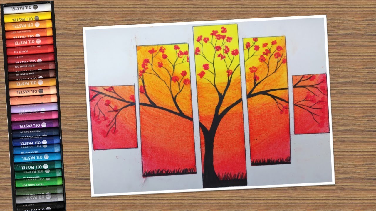 Flower Tree Easy Drawing With Oil Pastels - Masking Tape Multiple ...