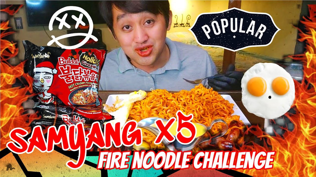 FOOD CHALLENGE SAMYANG x5 KOREAN FIRE NOODLE MUKBANG EATING SOUND ...
