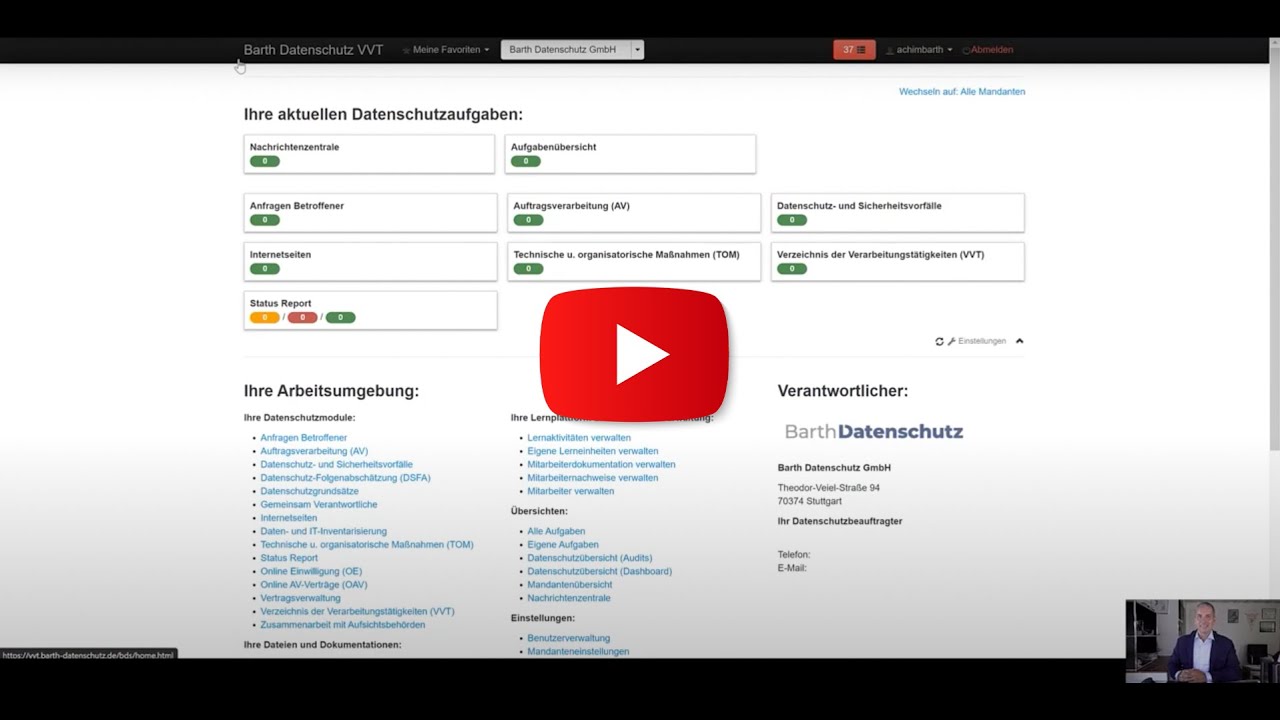 Barth Datenschutzmanagement Zentrale | VVT Portal Screen - YouTube