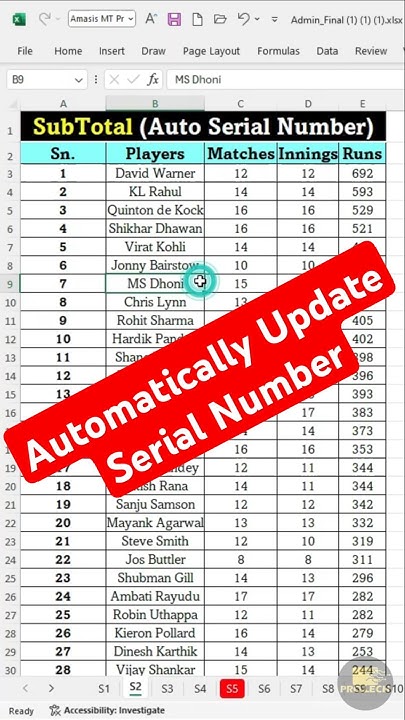 Auto Update Serial Number in Excel !! Serial Number Update Automatically ! #Shorts #ytShorts # ...