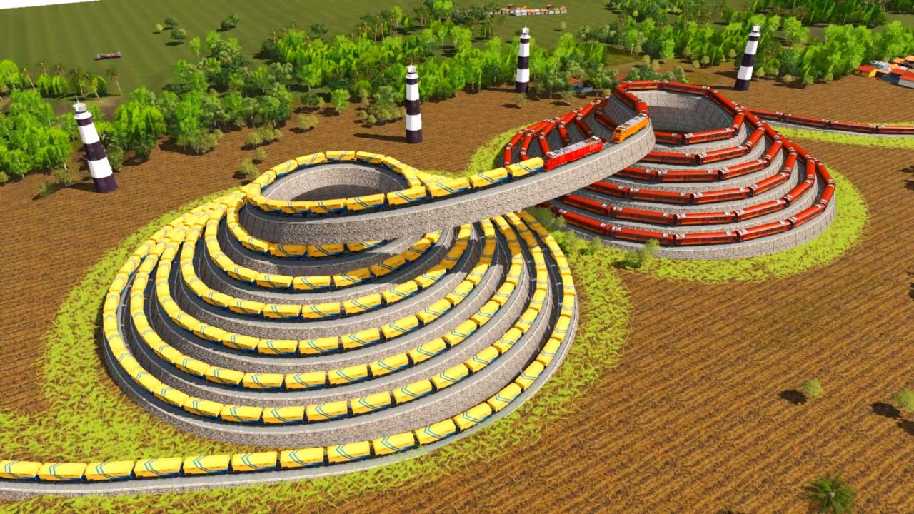 Very Long Yellow Train Climbing & Wraps Extreme Two Pyramid Railroad ...