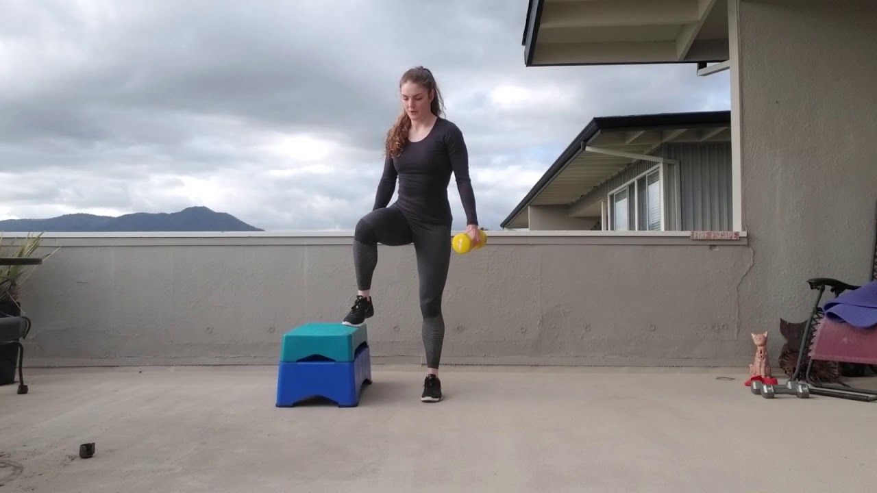 EEF: Curtsy lunge to lateral bench step up - YouTube