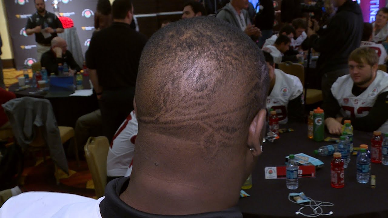 Stanford's Aziz Shittu shaves roses into hair for Rose Bowl - YouTube