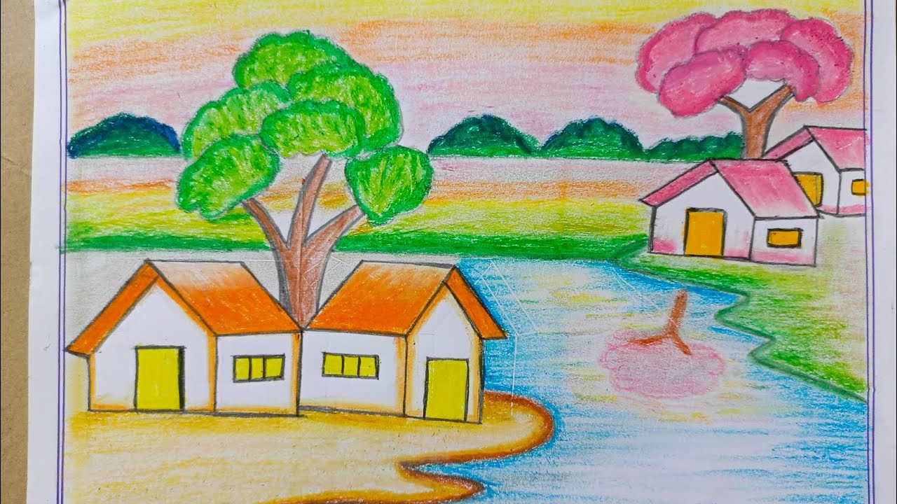 Prakitik Drisho Drawing Village //Drawing House Tutorial for Beginners ...